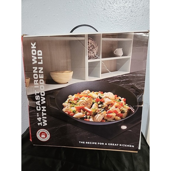 Kitchen | Chefs Counter 14 Cast Iron Wok With Wooden Lid Flat Base Oven ...